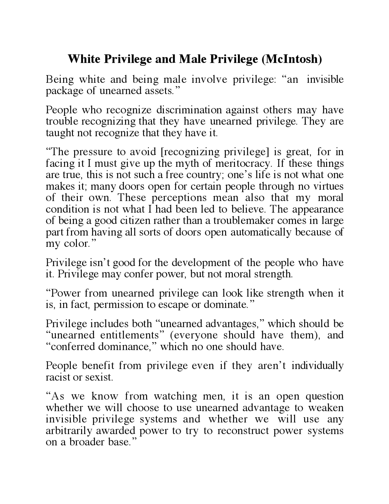 White Privilege and Male Privilege (McIntosh) - Lecture Notes | SOC 327 ...