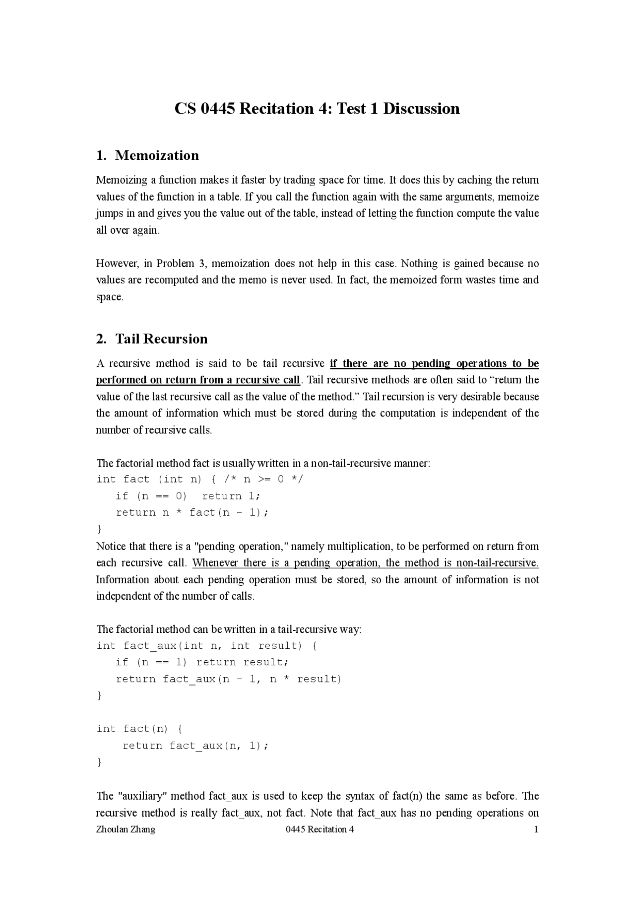 Memorization And Trail Recursions Examination 1 Cs 0445 Docsity 4399