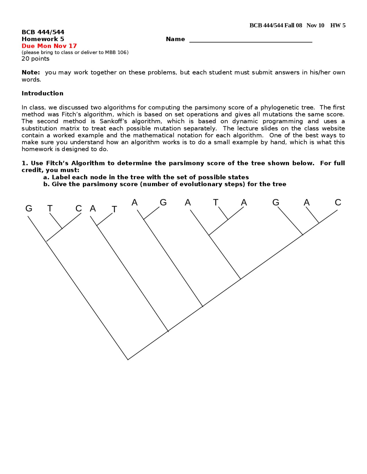Homework 5 Problems Introduction To Bioinformatics Bcb 444 Docsity