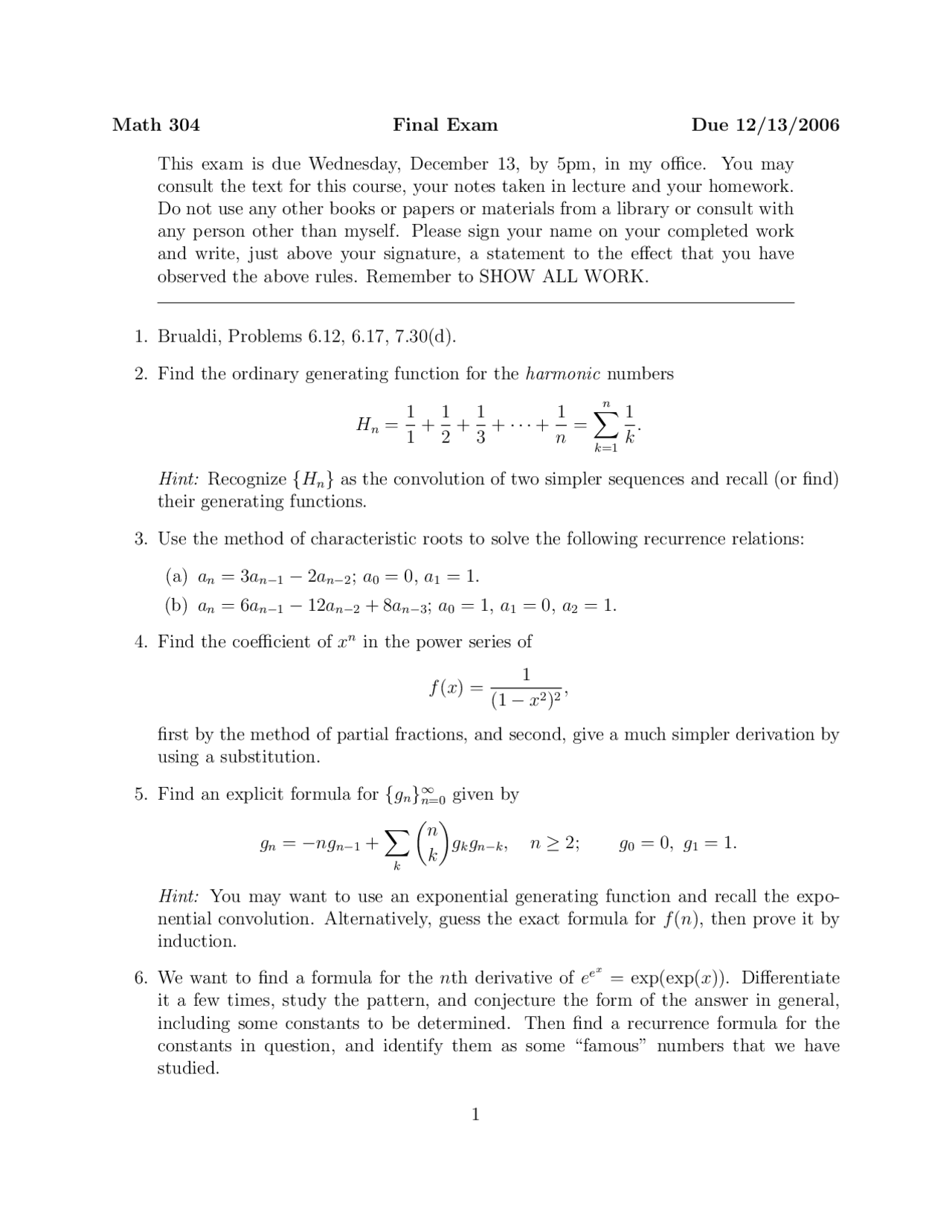 Take Home Final Exam Introduction To Combinatorics Math 304 Docsity