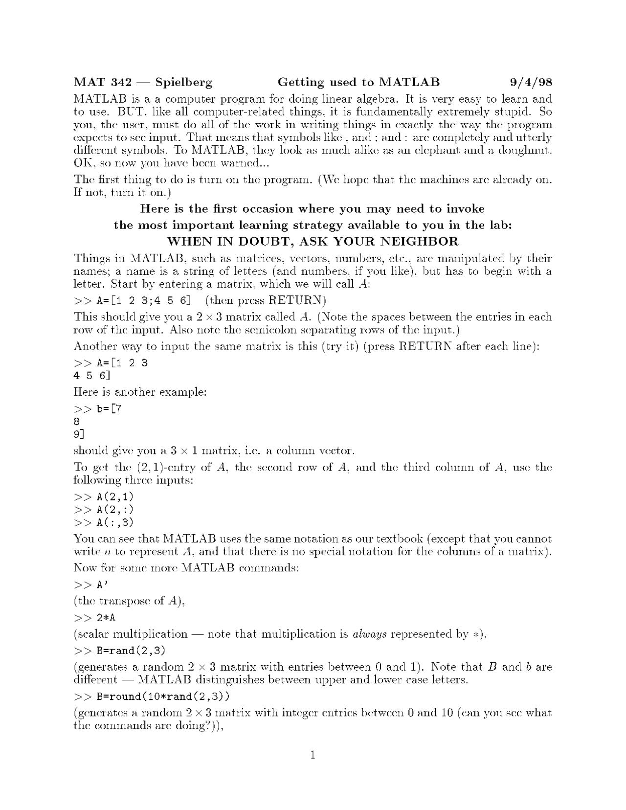 Getting Used To Matlab Linear Algebra Mat 342 Docsity