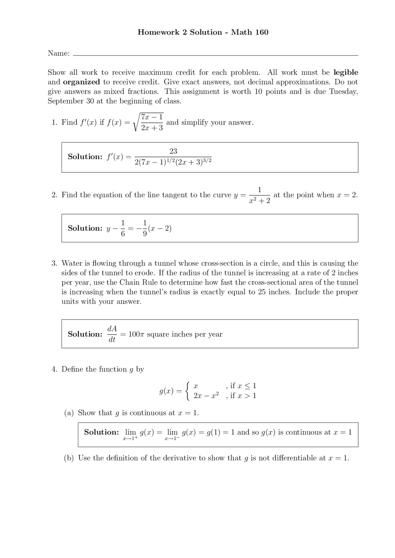 Homework 2 with Solutions - Survey of Calculus | MATH 160 - Docsity