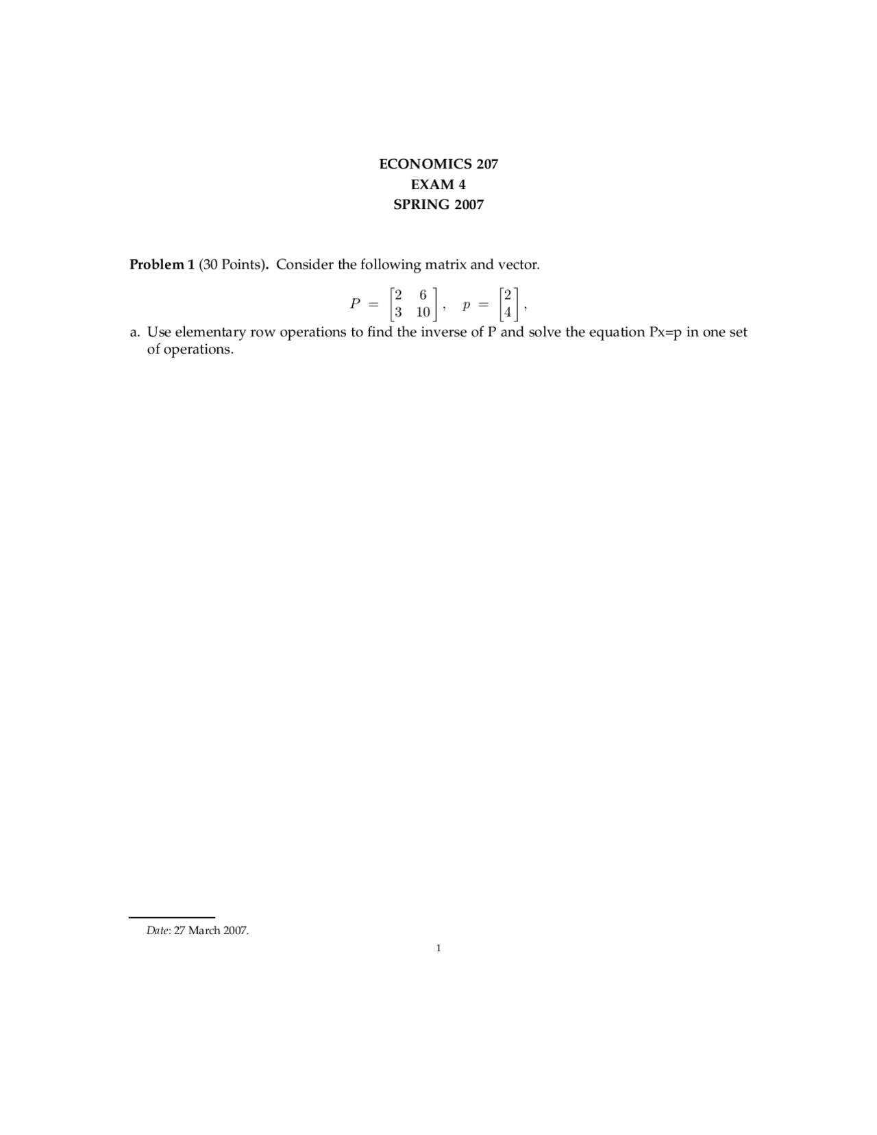 Applied Economics Optimization Exam 4 Spring 2007 Econ 207 Docsity