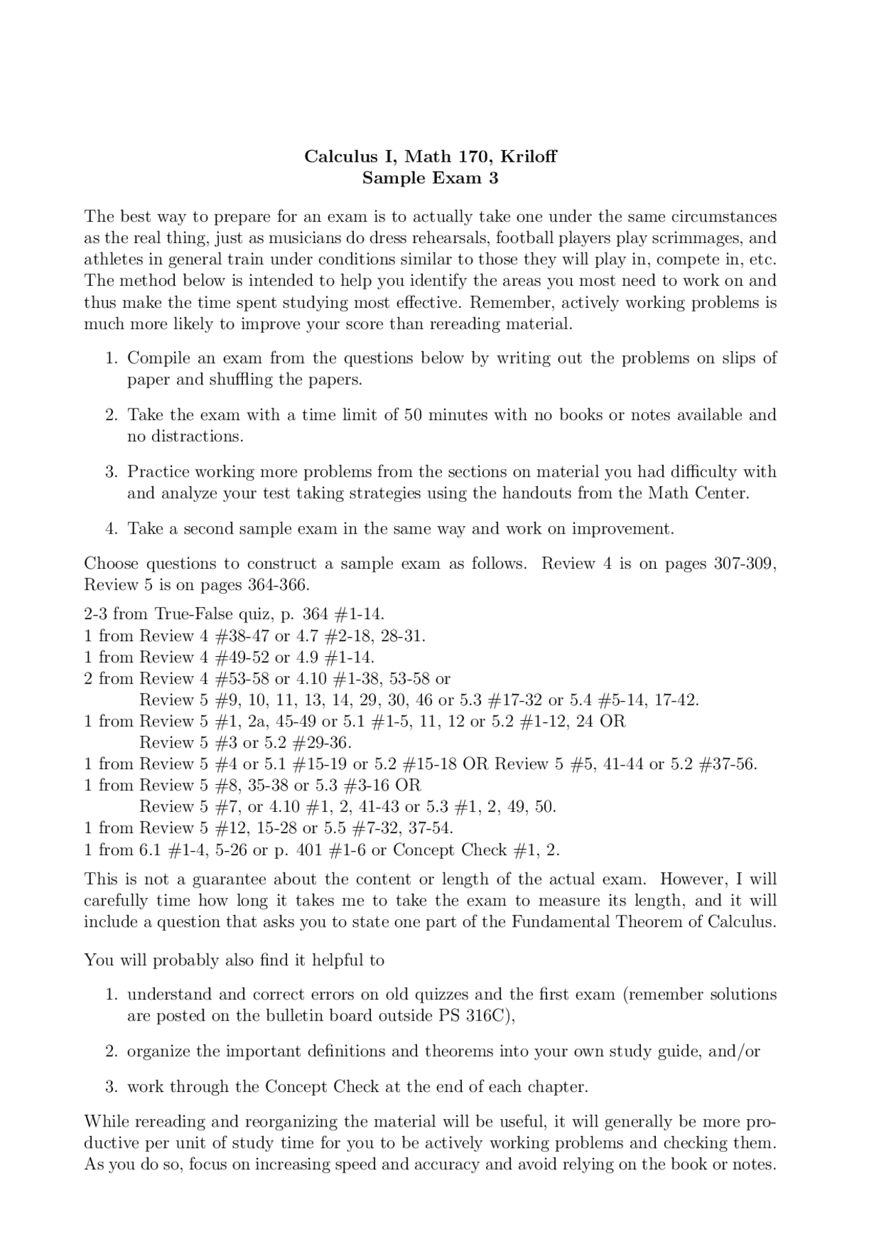 Review Sheet For Exam 3 Calculus I Math 170 Docsity