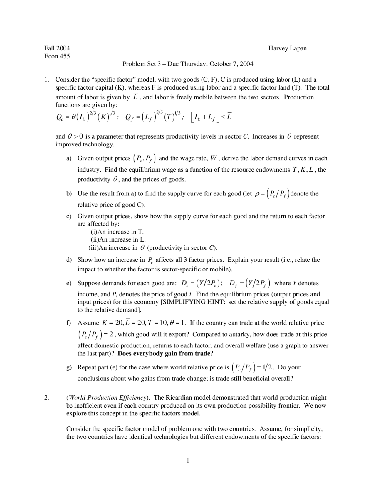 Problems On International Trade Assignment 3 Econ 455 Docsity