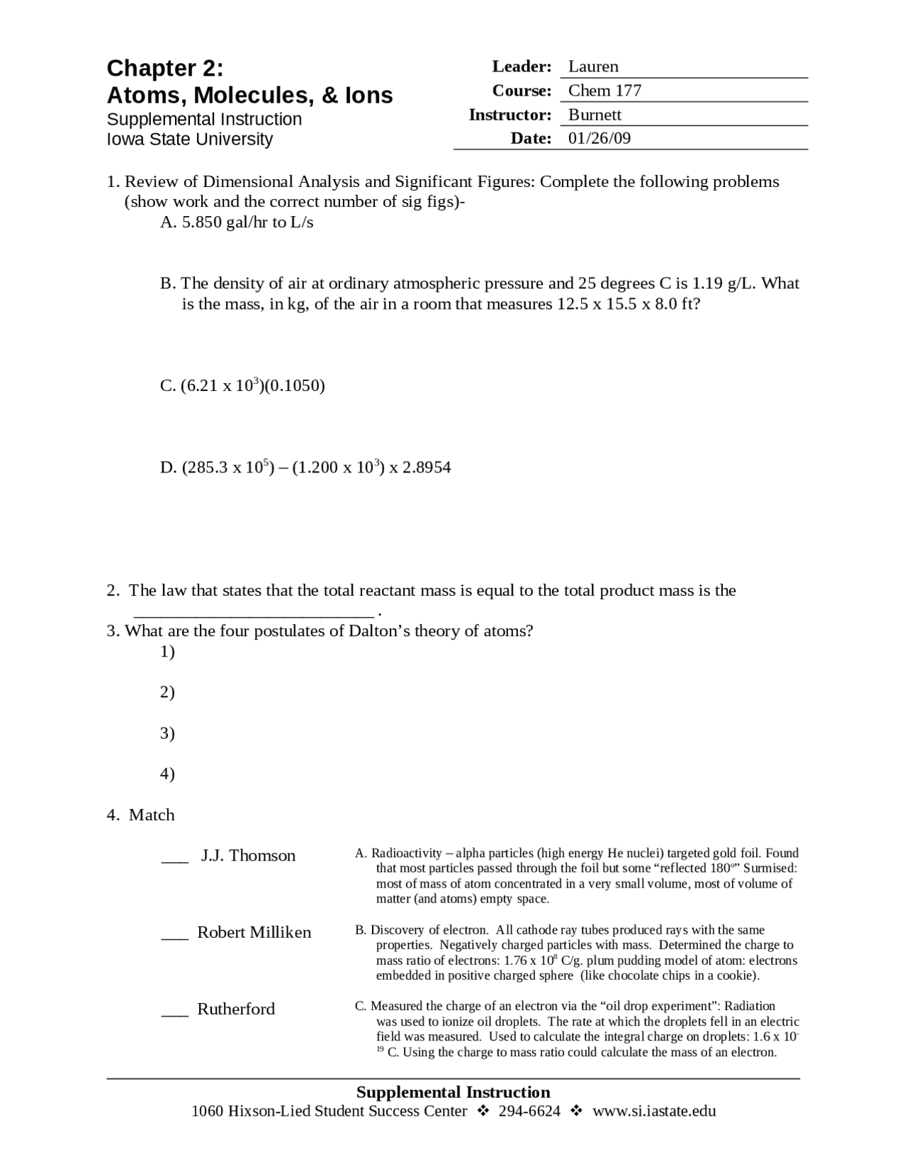 Atoms, Molecules and Ions - General Chemistry I - Practice Questions ...