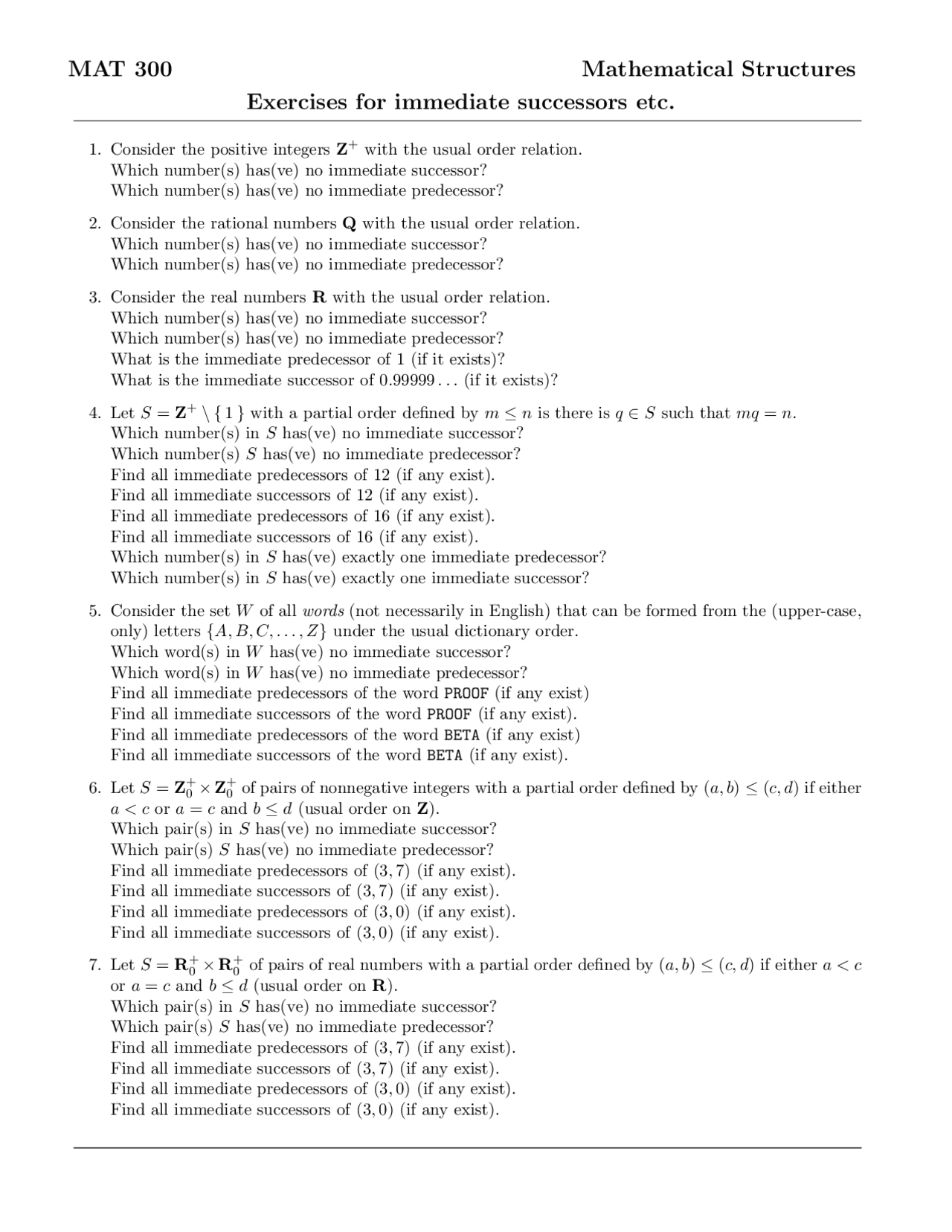 Exercises for Immediate Successors | Mathematical Structures | MAT 300 ...