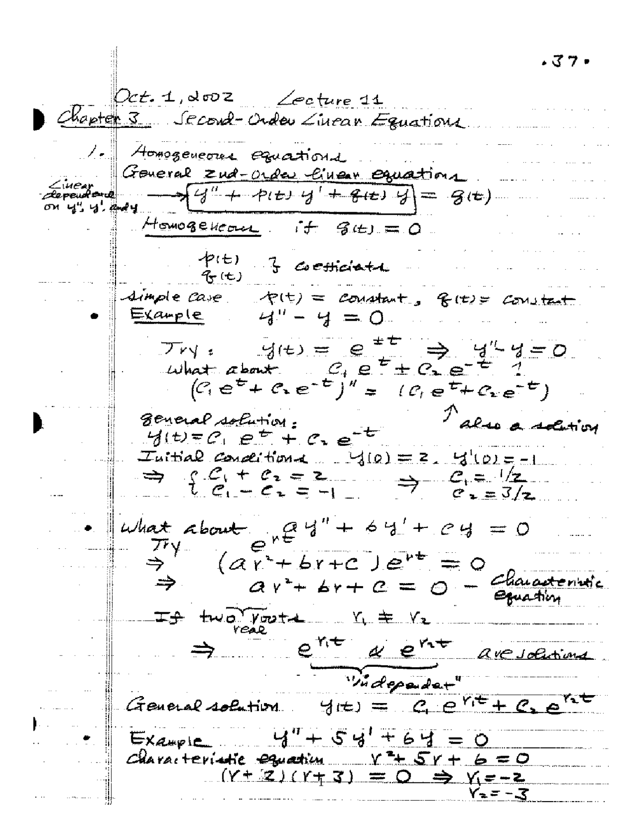 Second Order Linear Equations - Handwritten Notes | MAT 274 - Docsity