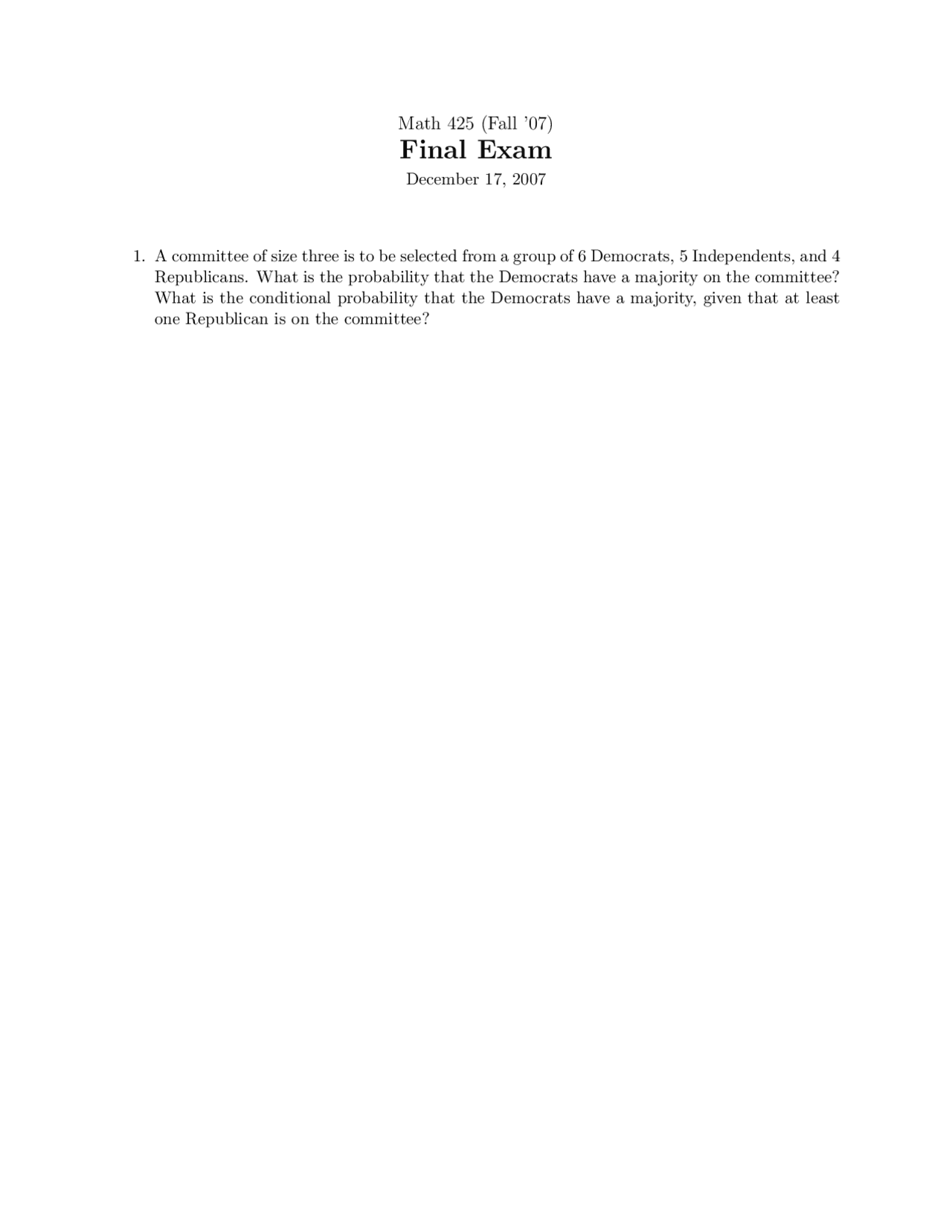 10 Questions in Final Exam - Introduction to Probability | MATH 425 - Docsity