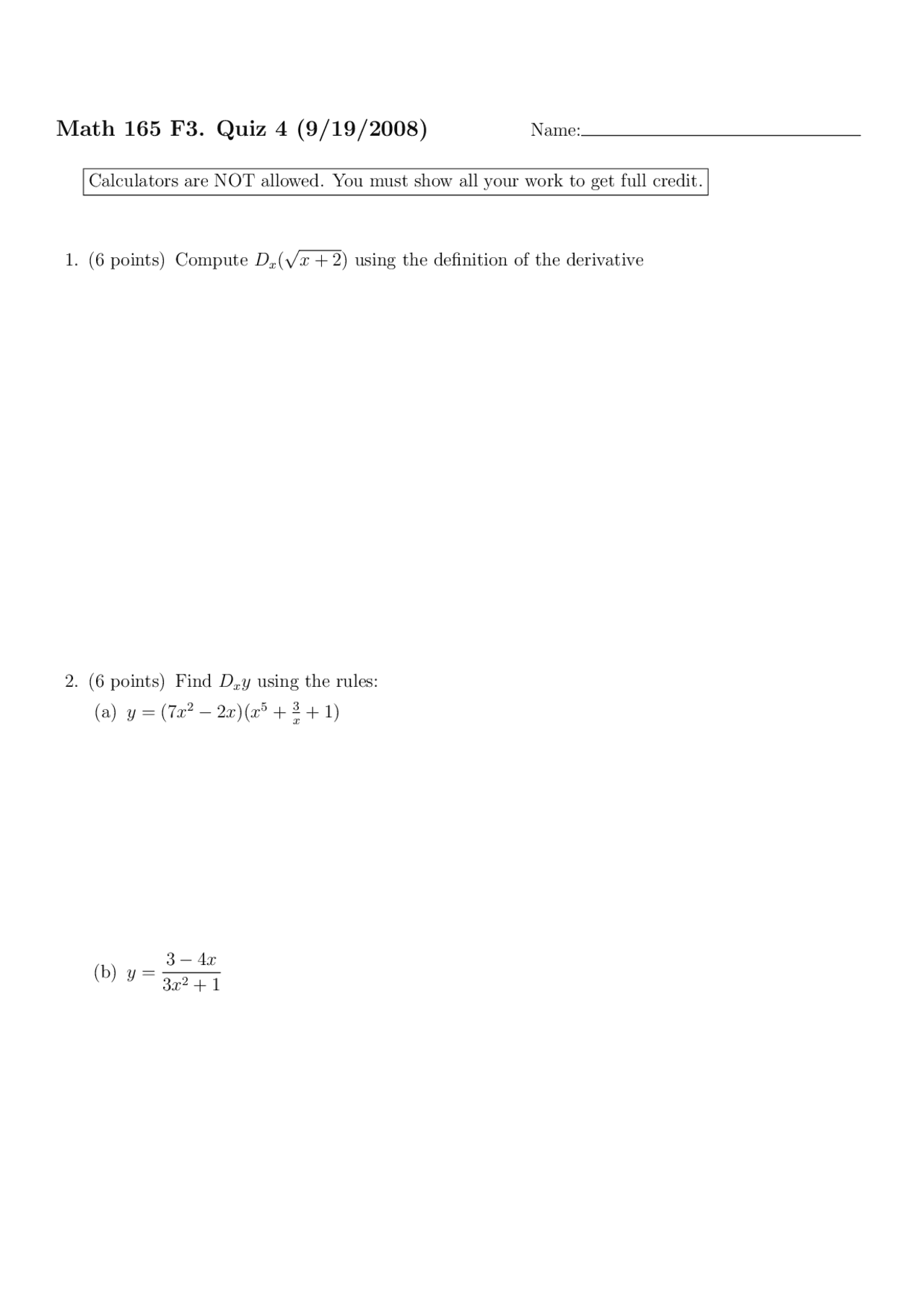 Math 165 Quiz 4: Derivatives and Tangent Lines | Quizzes Calculus | Docsity