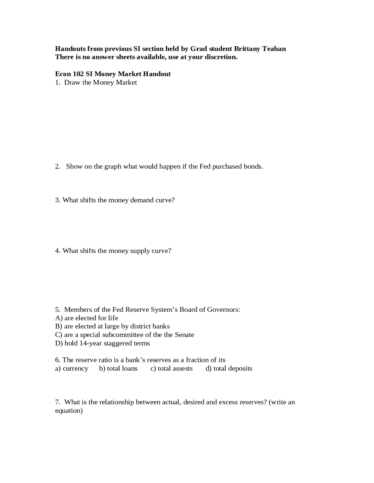 Money Market Handout - Principles of Macroeconomics | ECON 102 - Docsity