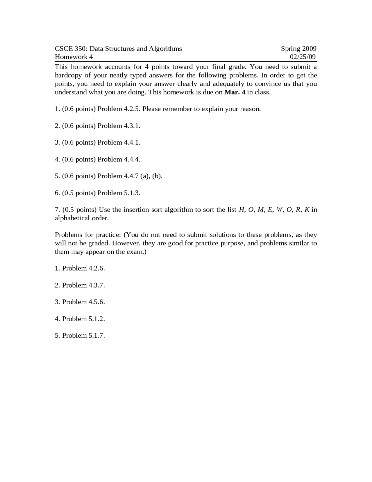 Problems For Assignment 4 Data Structures And Algorithms Csce 350