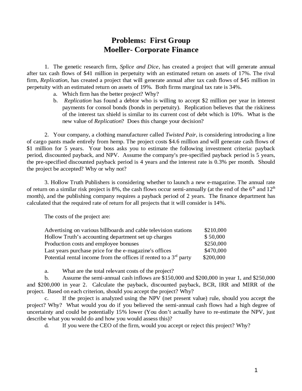 Problems for Moeller Corporate Finance | BUSFIN 1311 - Docsity