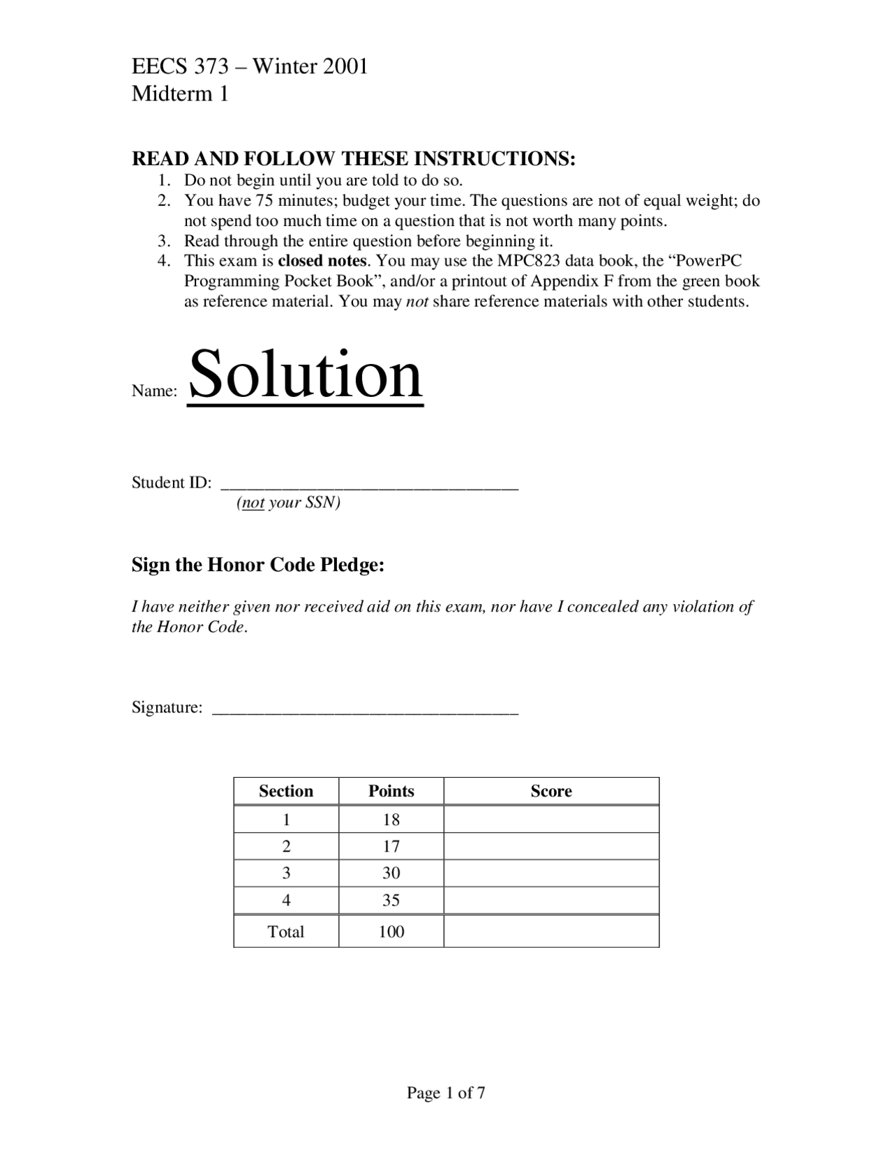 Memory Arrays And Power Pc Assembly Language Midterm Exam Eecs 373 Docsity