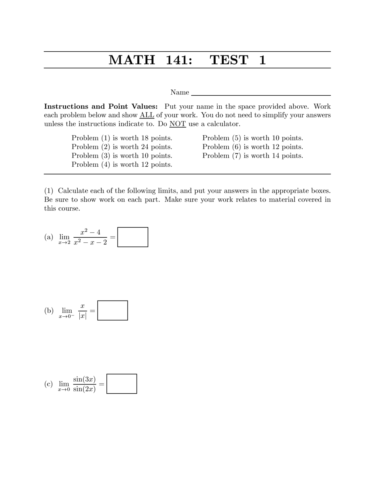 Sample Questions For Exam 1 Calculus I Math 141 Docsity
