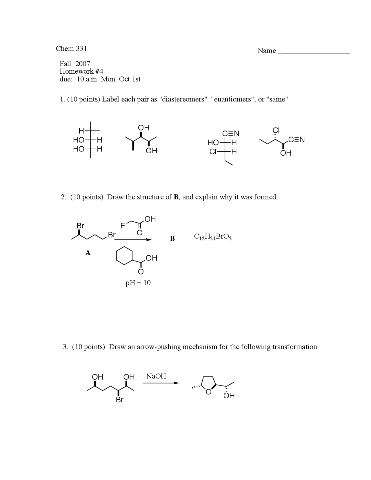 Homework 4 Unsolved Questions Organic Chemistry Chem 331 Docsity