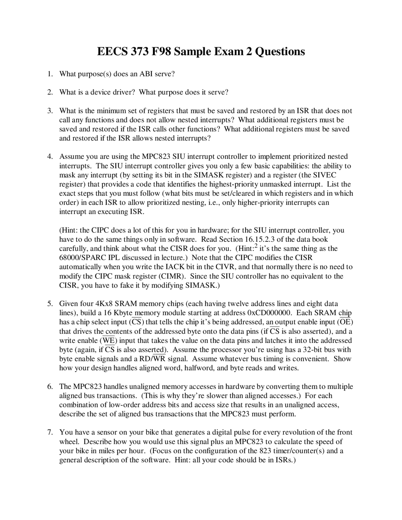 Sample Exam 2 Questions Microprocessor System Design Eecs 373
