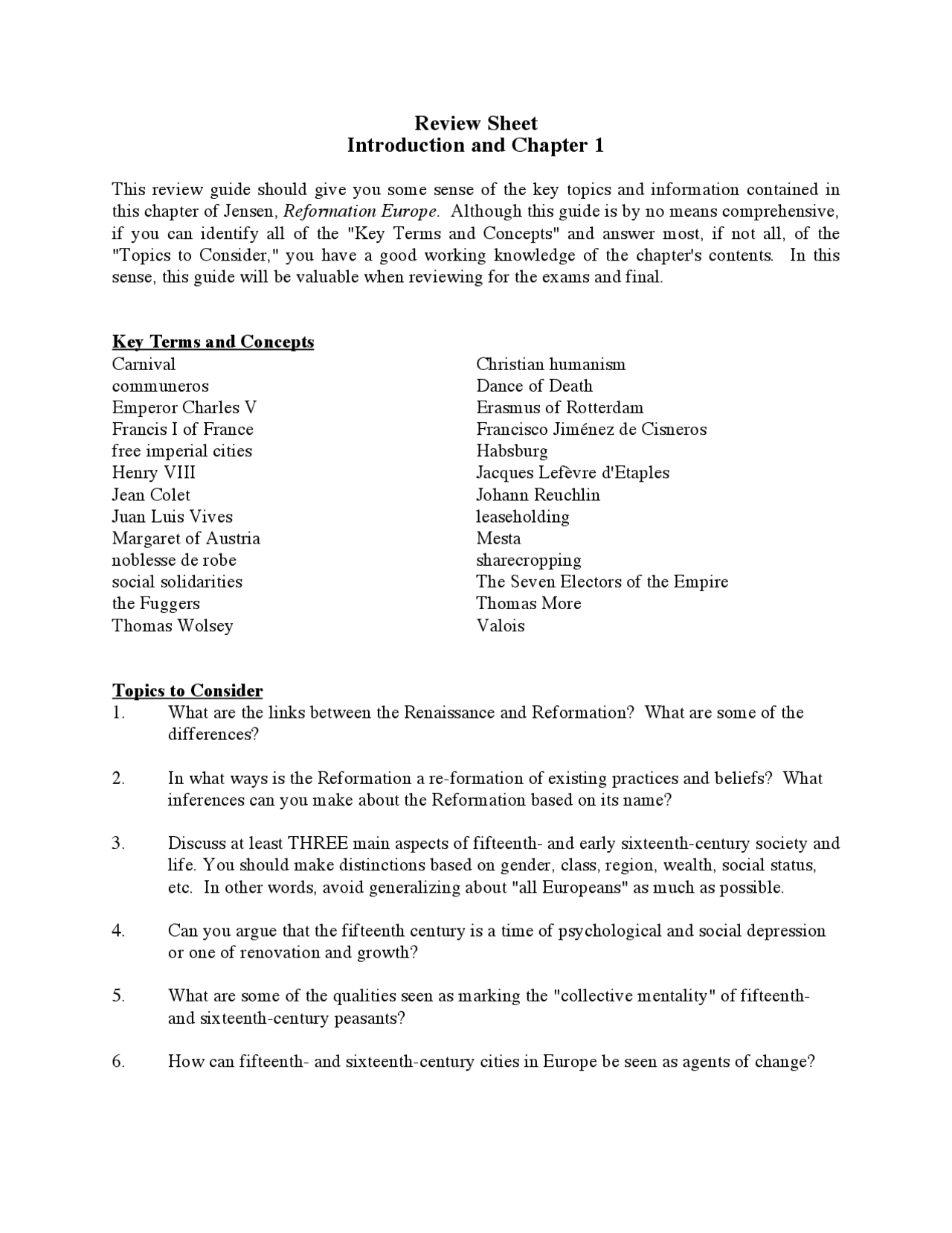 Age of Reformation - Review Sheet for Exam | HIST 310 - Docsity