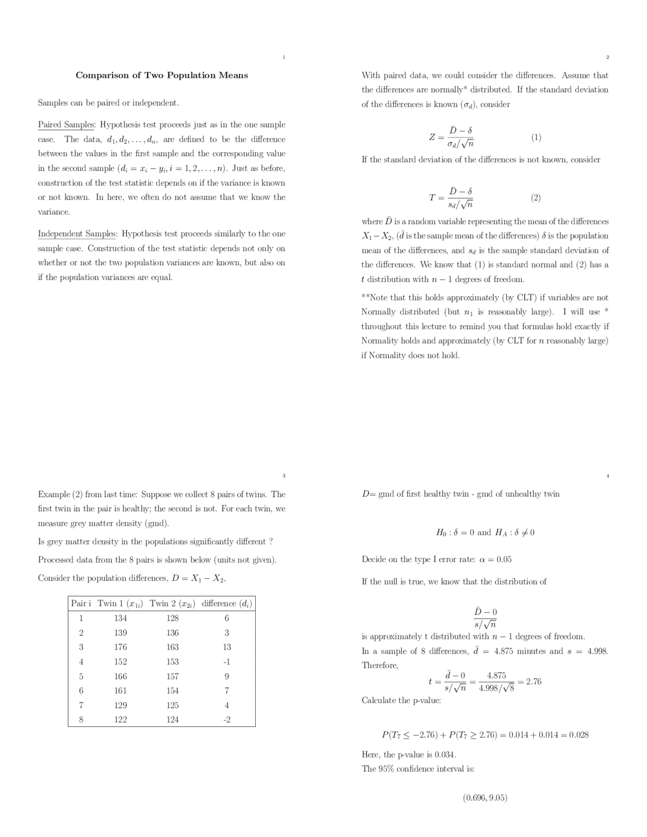 Comparison of Two Population Means - Introduction to Biostatistics | STAT 541 - Docsity