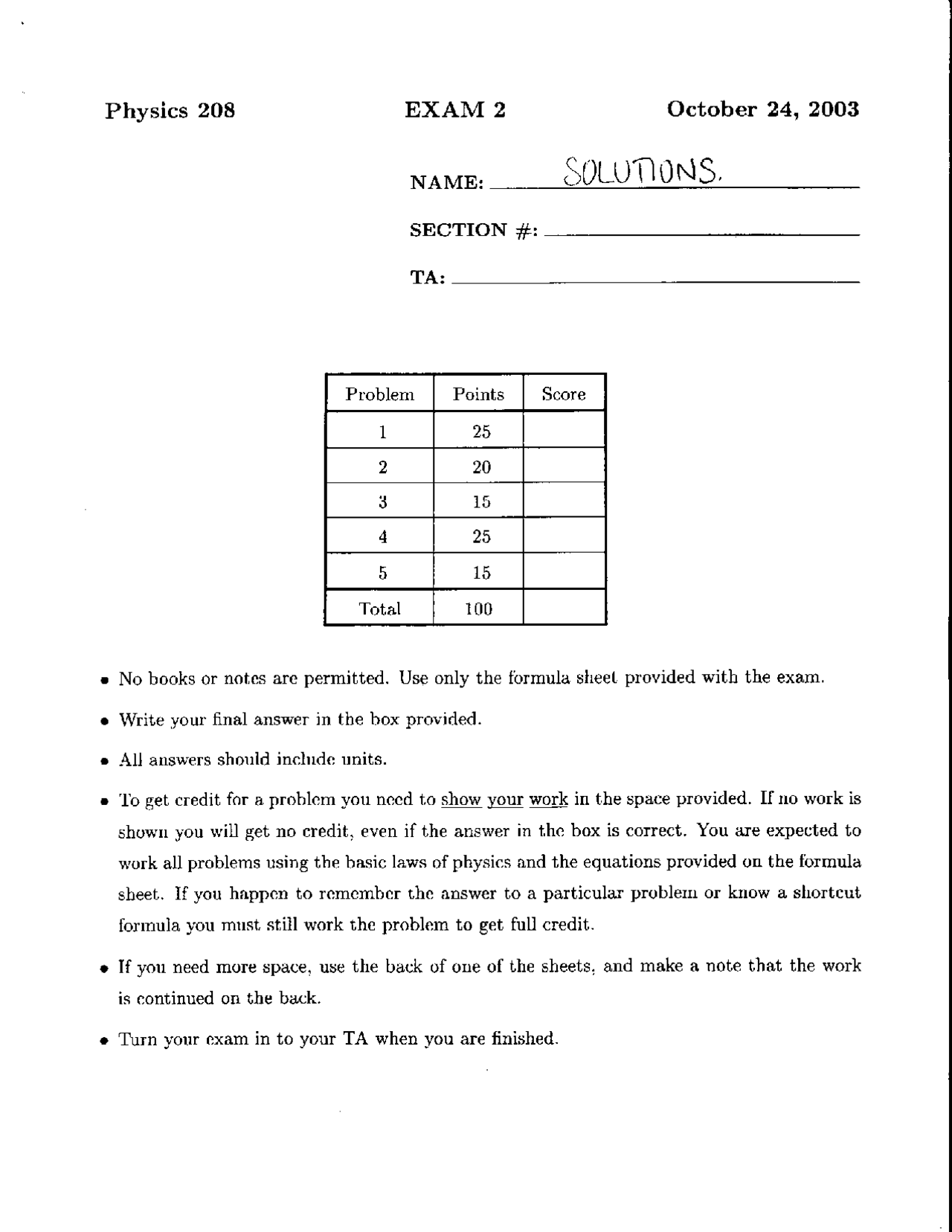 Old Exam 2 with Solutions - General Physics | PHYSICS 208 - Docsity