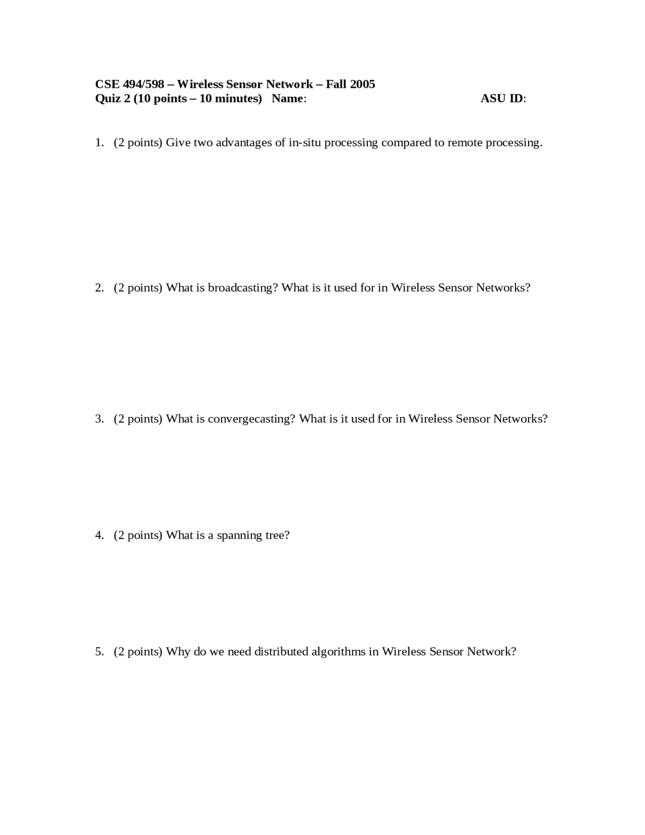 Wireless Sensor Network Quiz 2 Problems Cse 494 Docsity