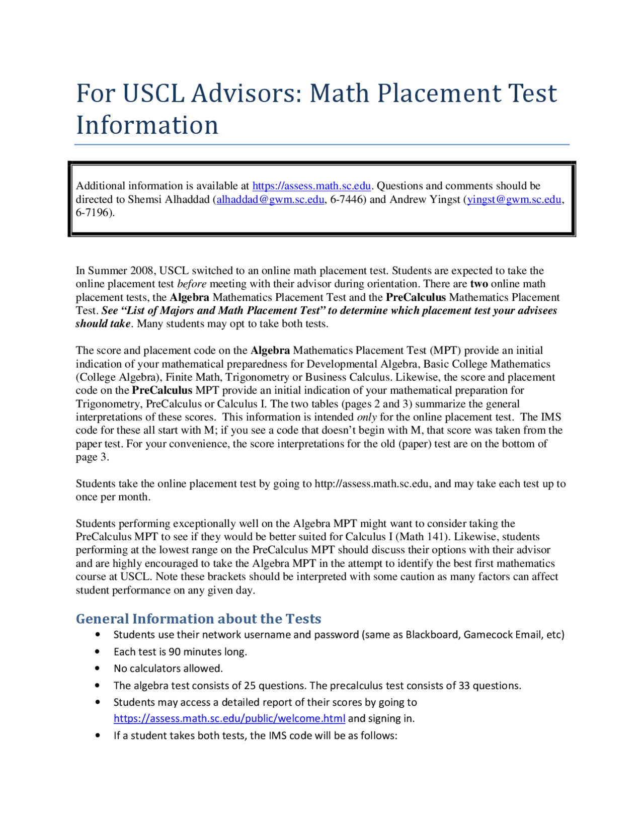 Mathematical Placement Test Information Calculus I Math 141 Docsity