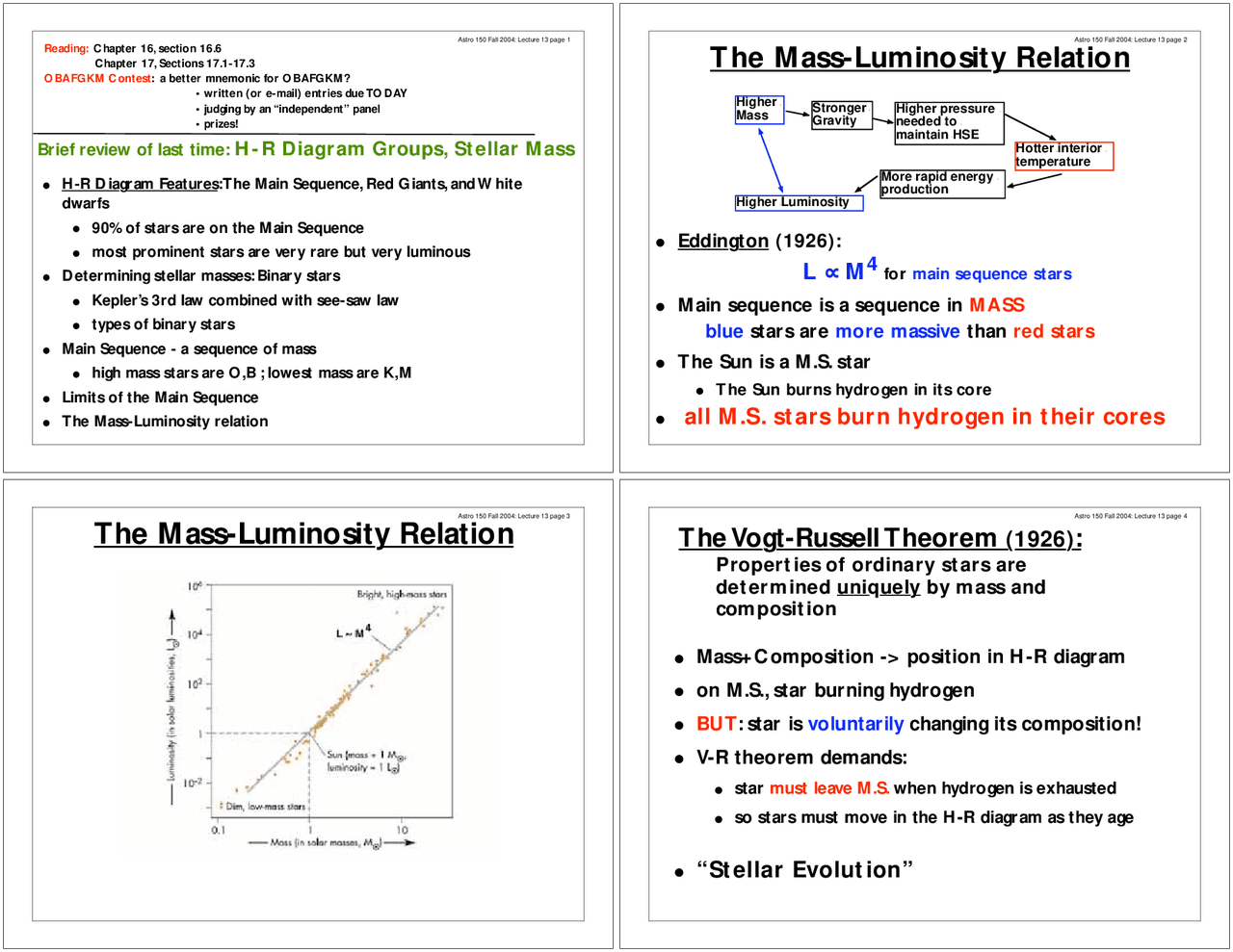 The Mass Luminosity Relation Lecture Slides Astro 150 Docsity