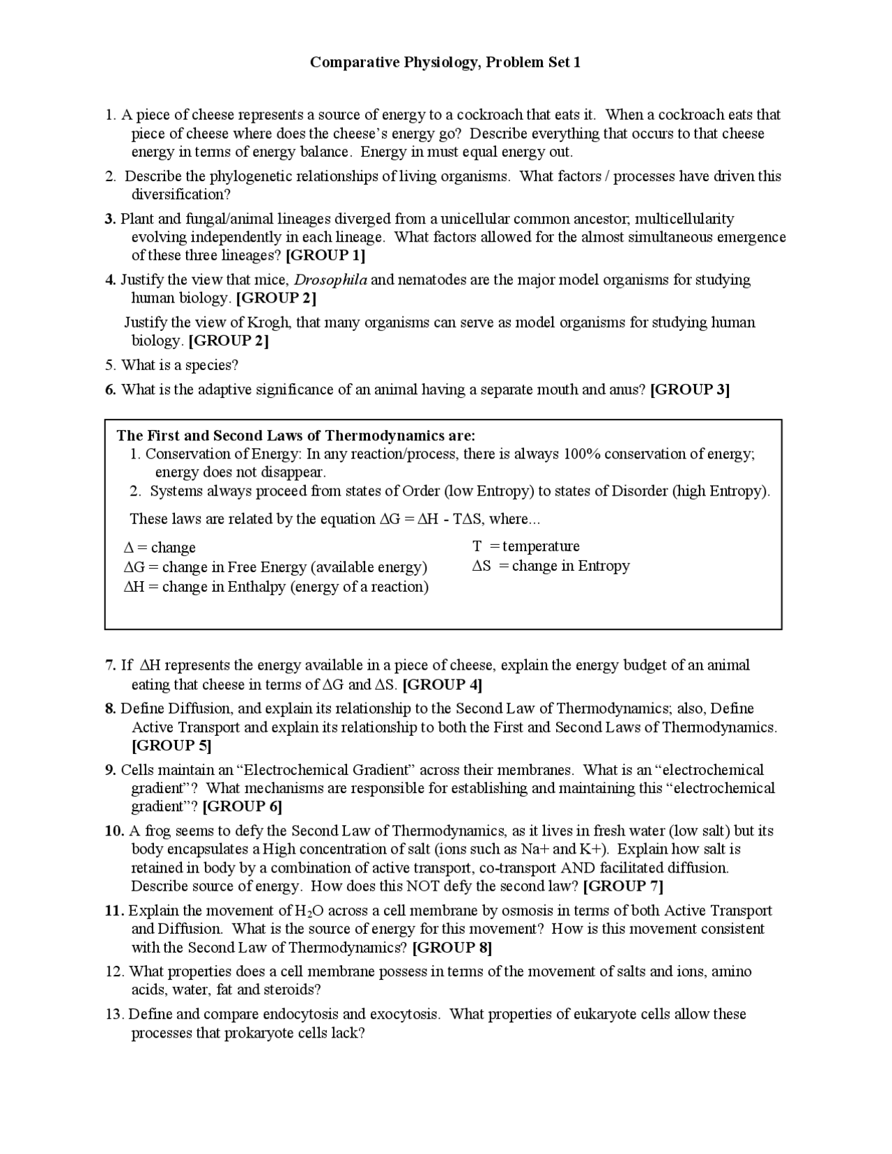 13 Questions For Problem Set 1 Comparative Physiology Biol 543