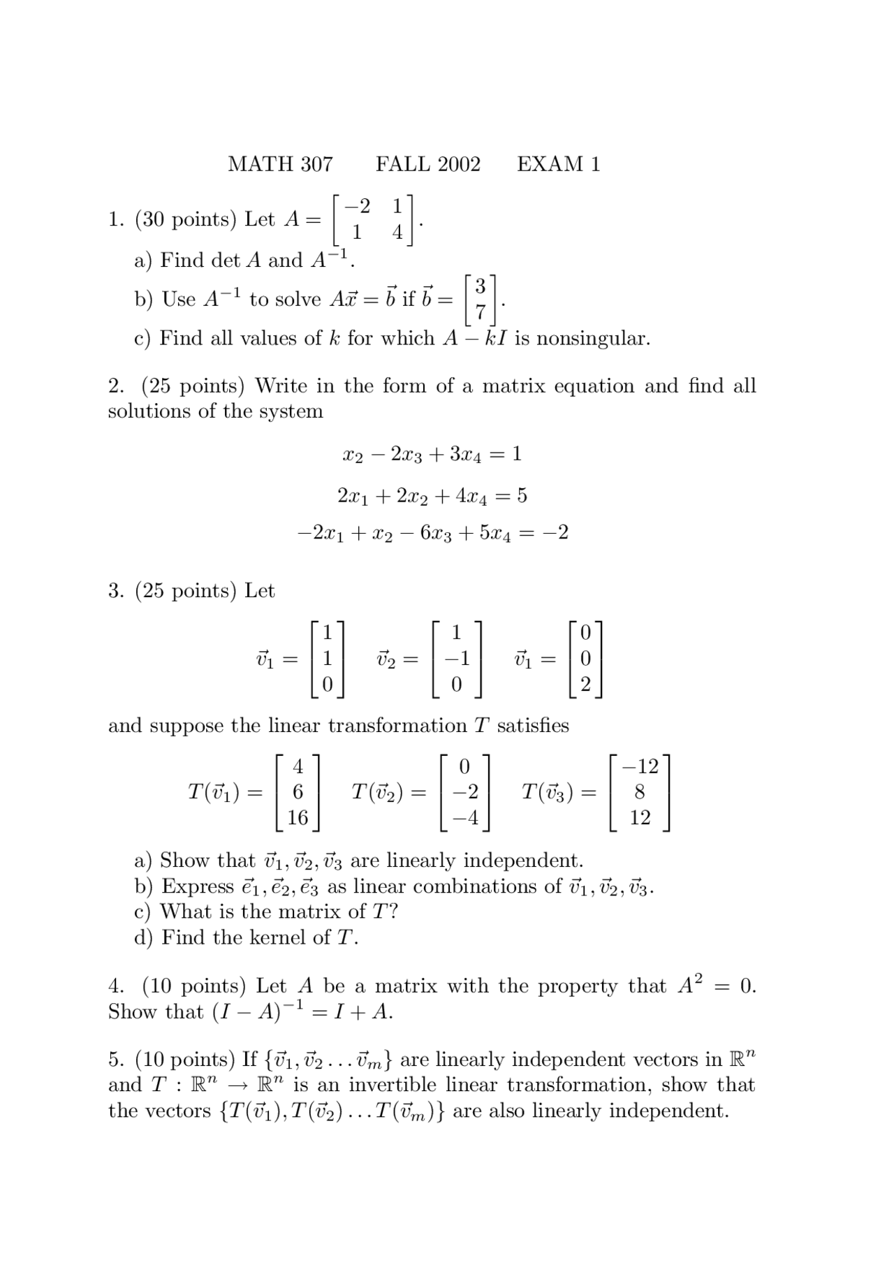 Exam 1 For Matrices And Linear Algebra Math 307 Docsity