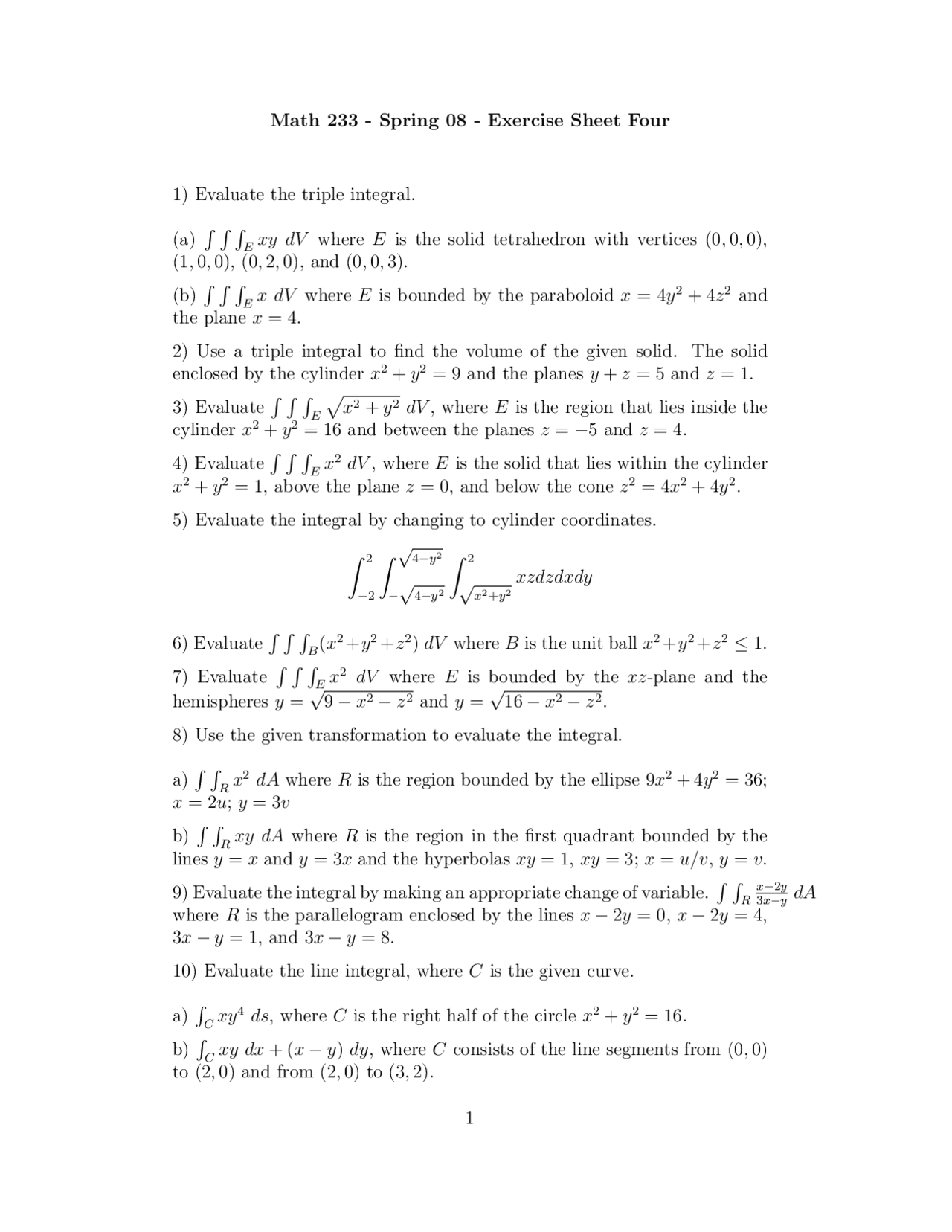 Exercise Sheet Four Calculus And Analytical Geometry Math 233 Docsity