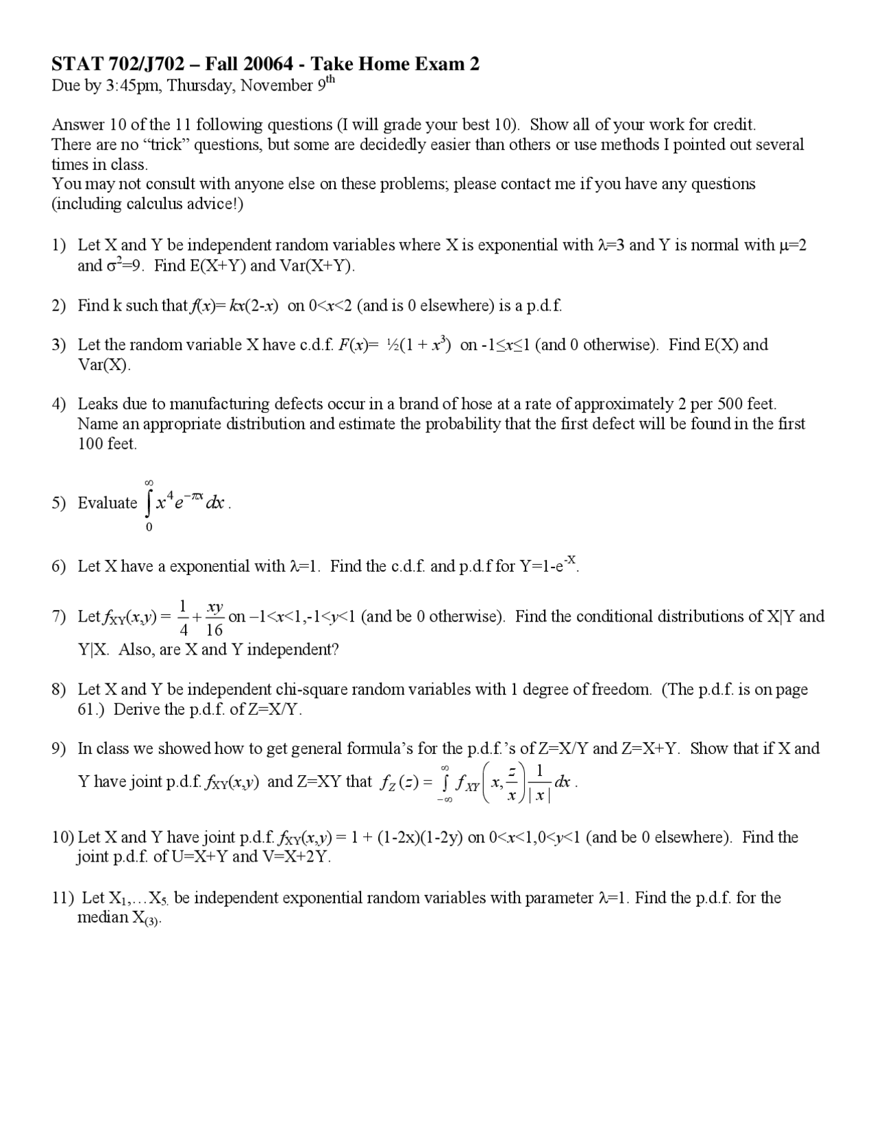Exam 2 For Introduction To Statistical Theory I Stat 702 Docsity