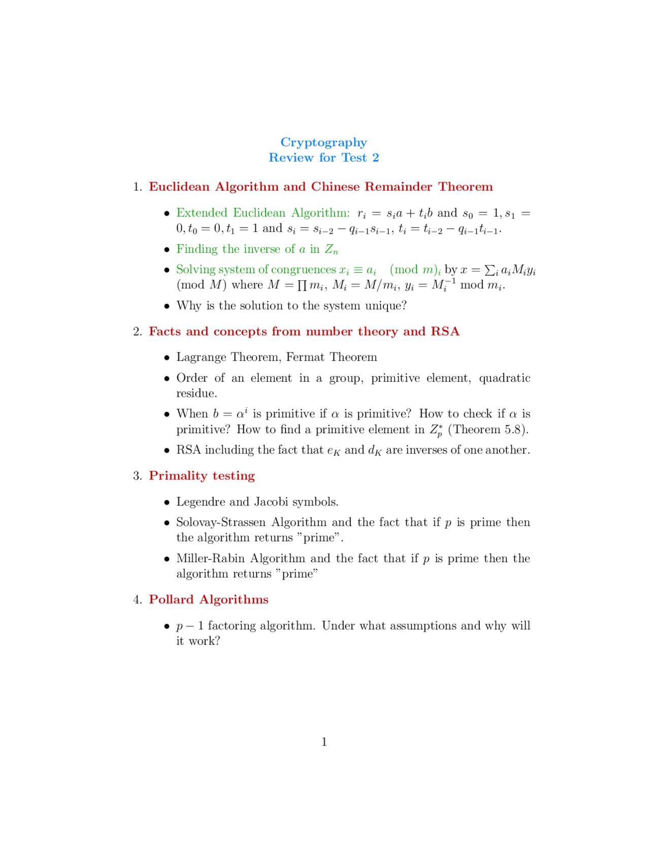 Review Sheet For Exam Cryptography Mat 447 Docsity
