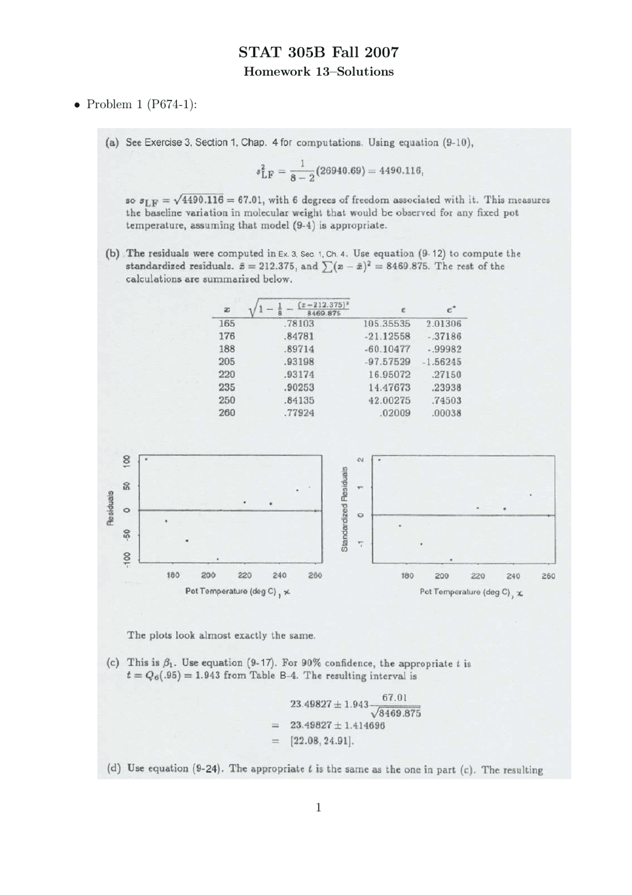 Homework 13 Solutions Engineering Statistics Stat 305 Docsity