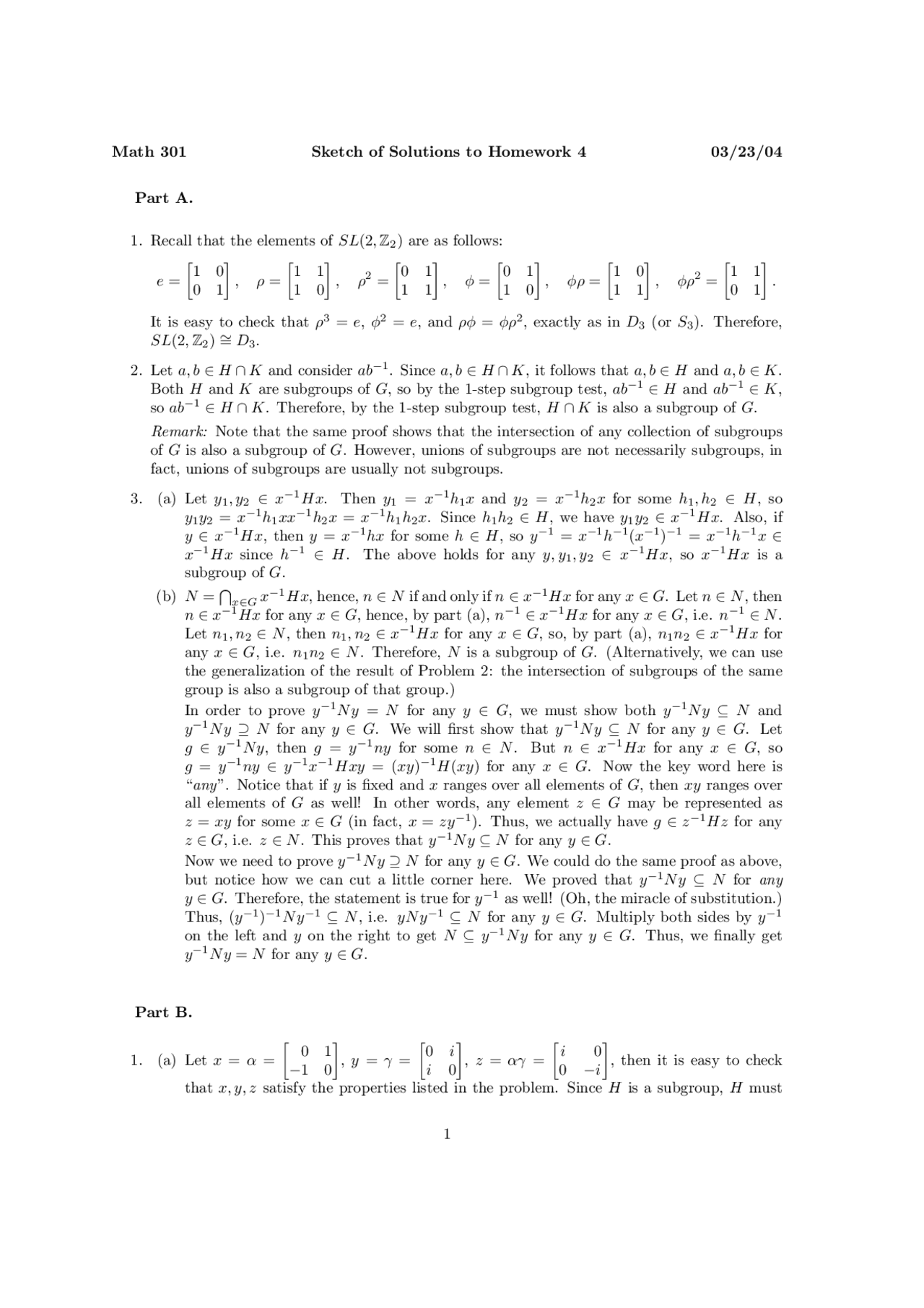 Solutions to Homework 4 - Abstract Algebra I | MATH 301 - Docsity