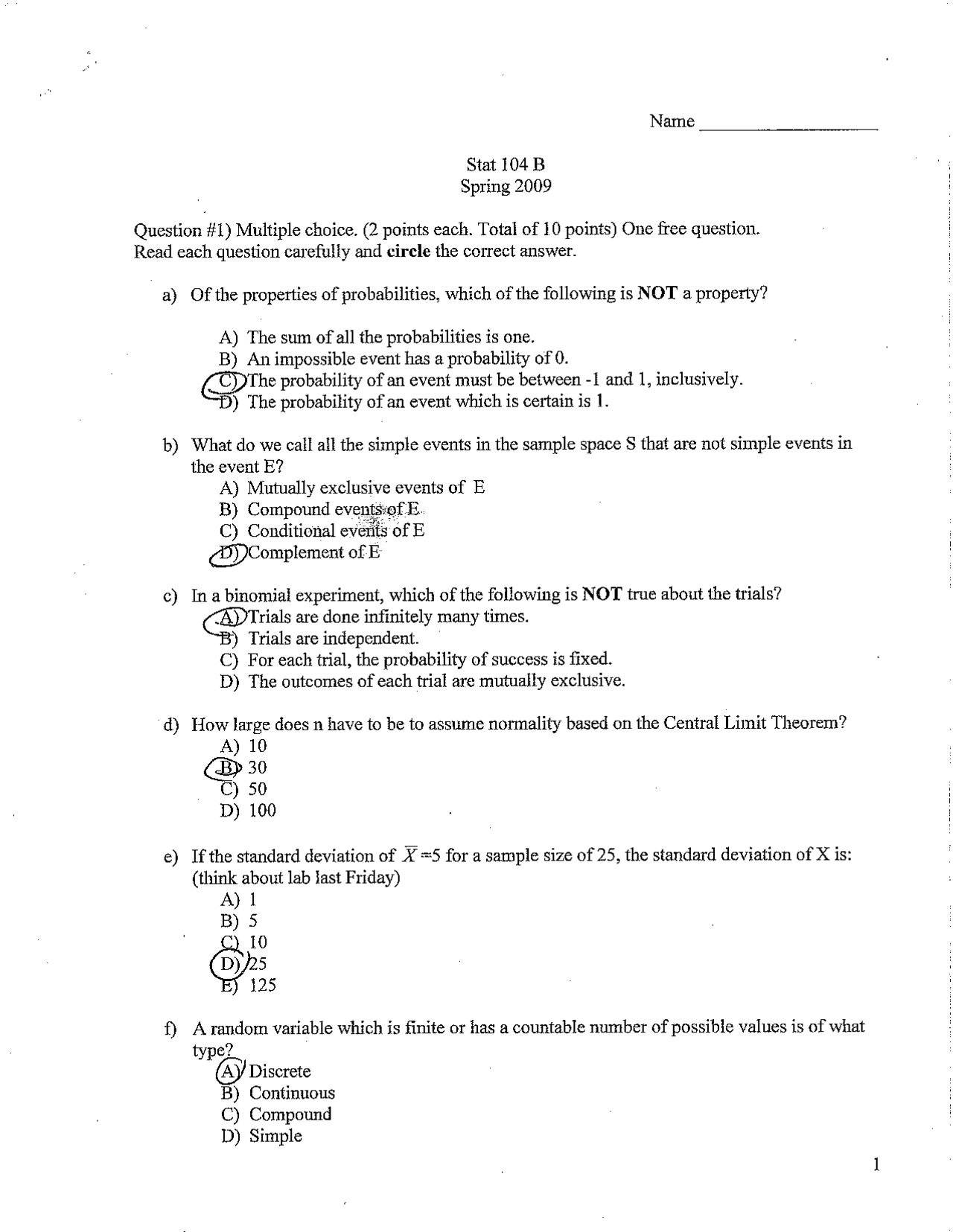Solutions To Practice Exam For Introduction To Statistics Stat 104 Docsity
