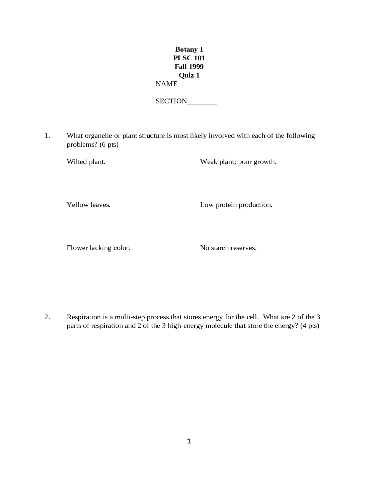Quiz 1 With Questions Botany I Fall 1999 Plsc 101 Docsity