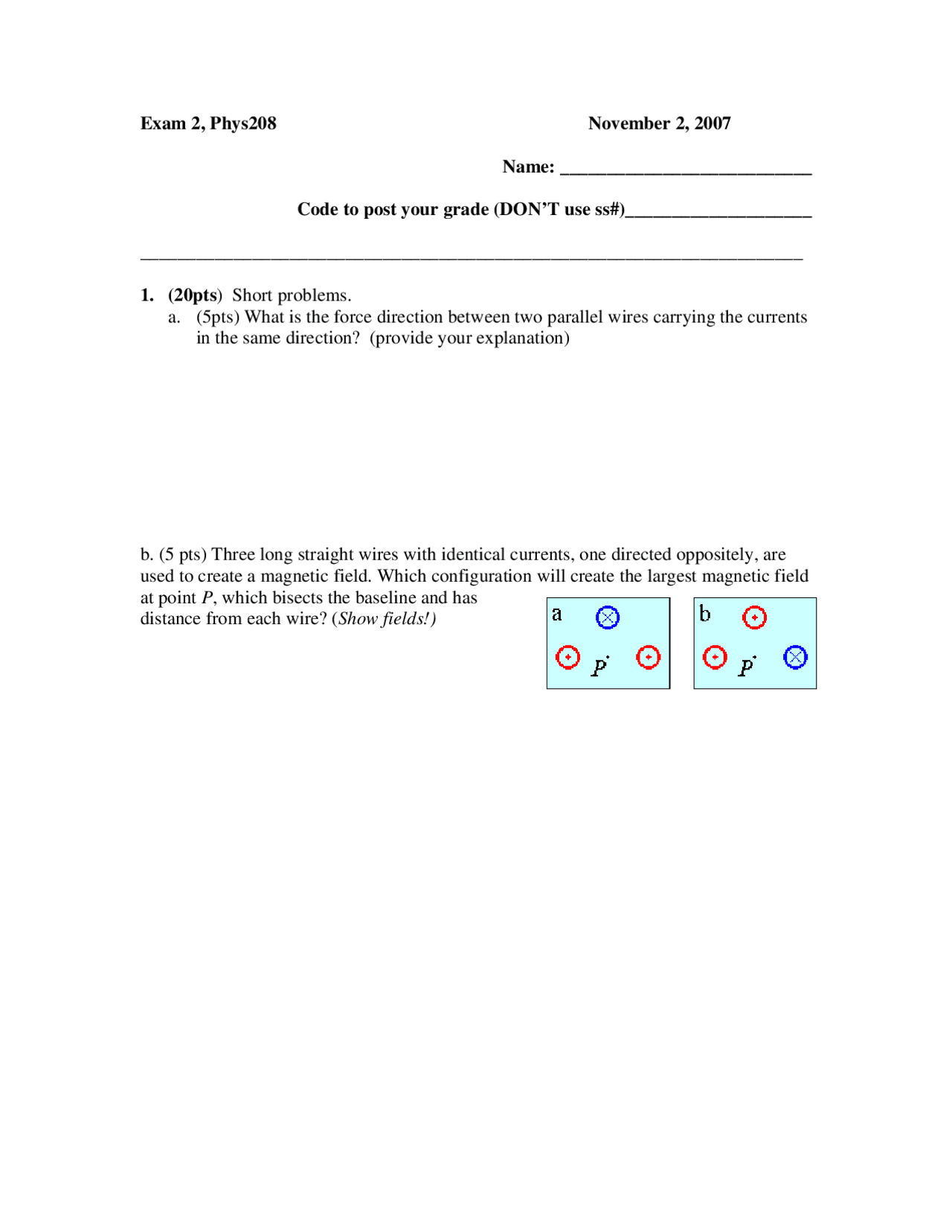 Unsolved Exam 2 Fundamentals Of Physics Ii Phys 208 Docsity