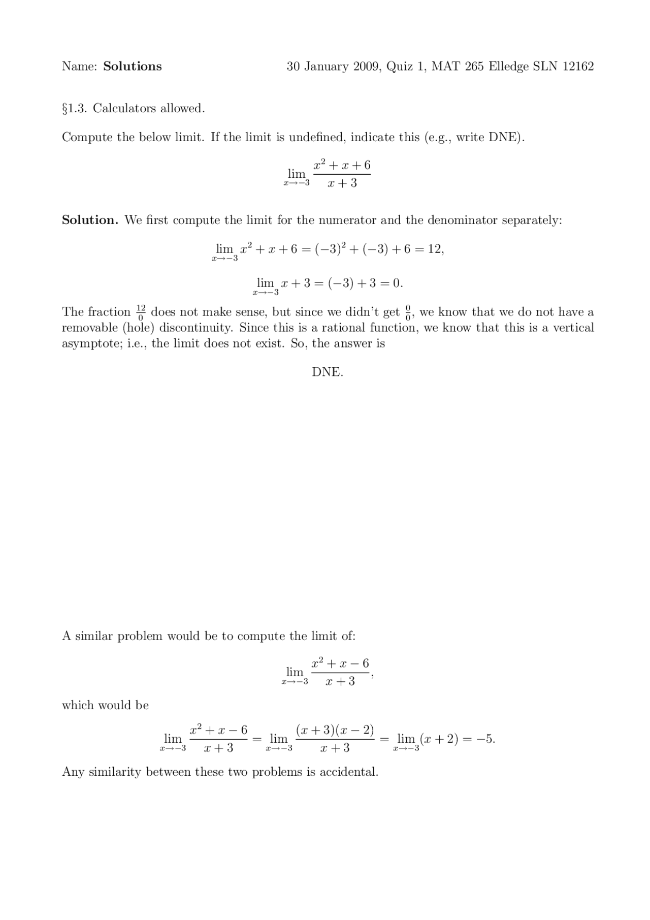Quiz 1 Solutions Calculus For Engineers I Mat 265 Docsity