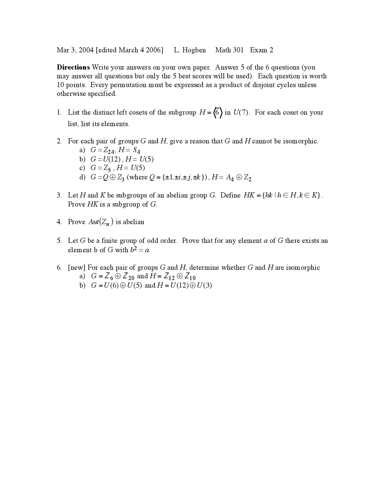 6 Questions For Exam 2 Abstract Algebra I Math 301 Docsity