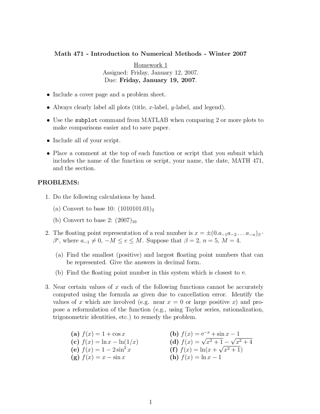 Homework 1 Problems Introduction To Numerical Mathematics Math 471