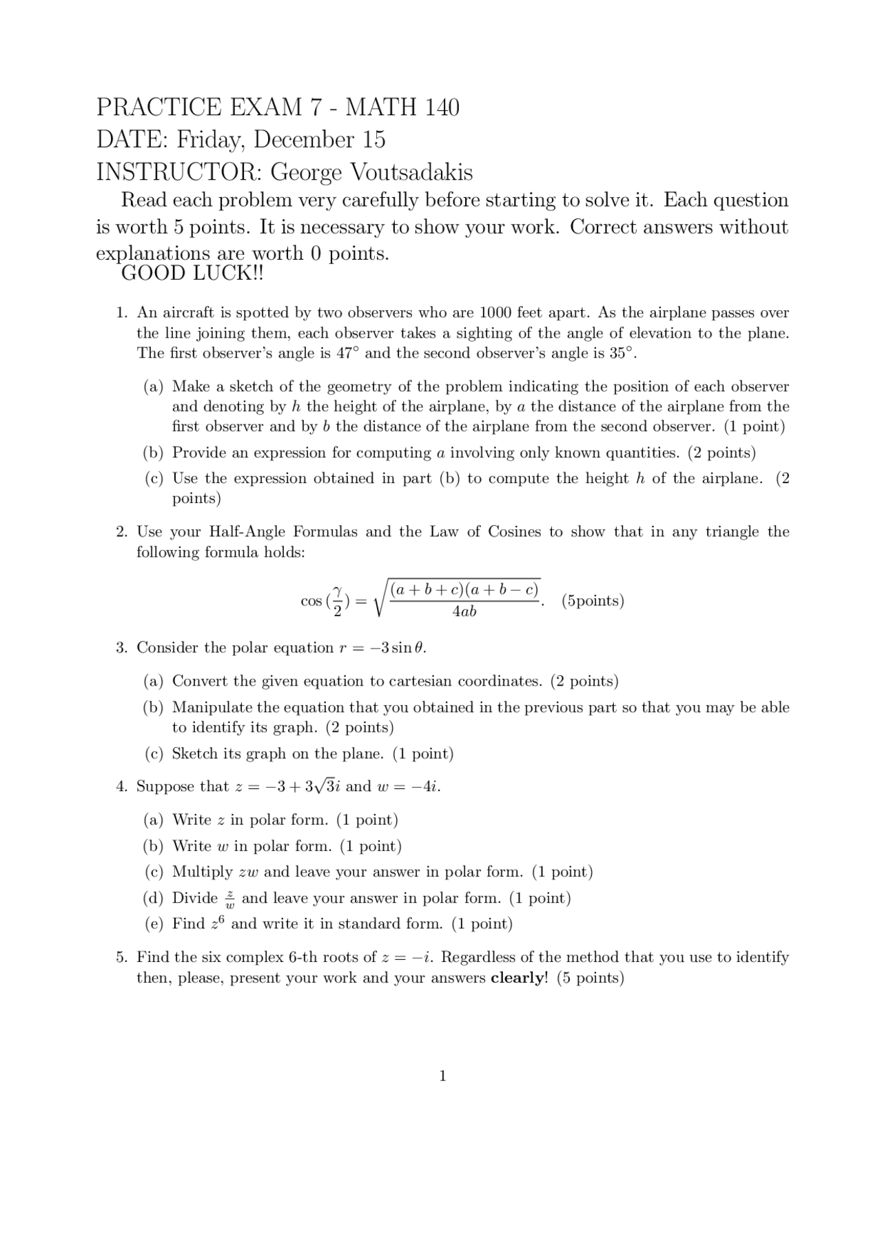 MATH 140 Practice Exam - Geometry, Trigonometry, and Complex Numbers | Exams Algebra | Docsity