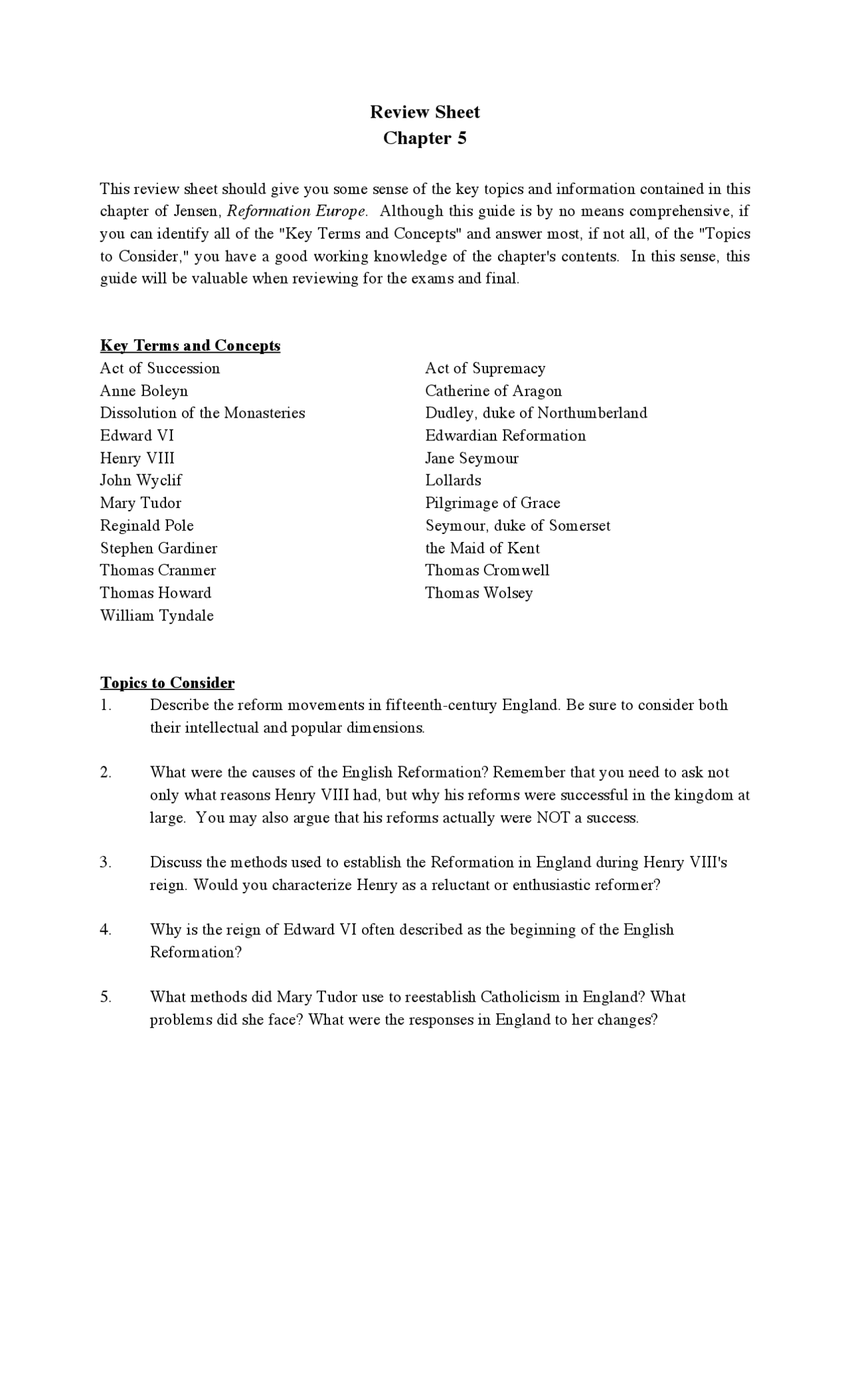 5 Questions Review Sheet - Age of Reformation | HIST 310 - Docsity