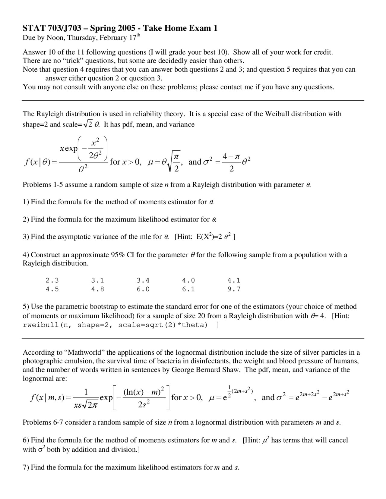 Take Home Exam 1 Introduction To Statistical Theory Ii Stat 703 Docsity