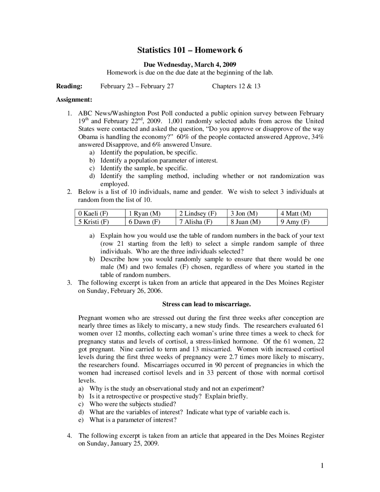 Homework 6 Problems Principles Of Statistics Stat 101 Docsity