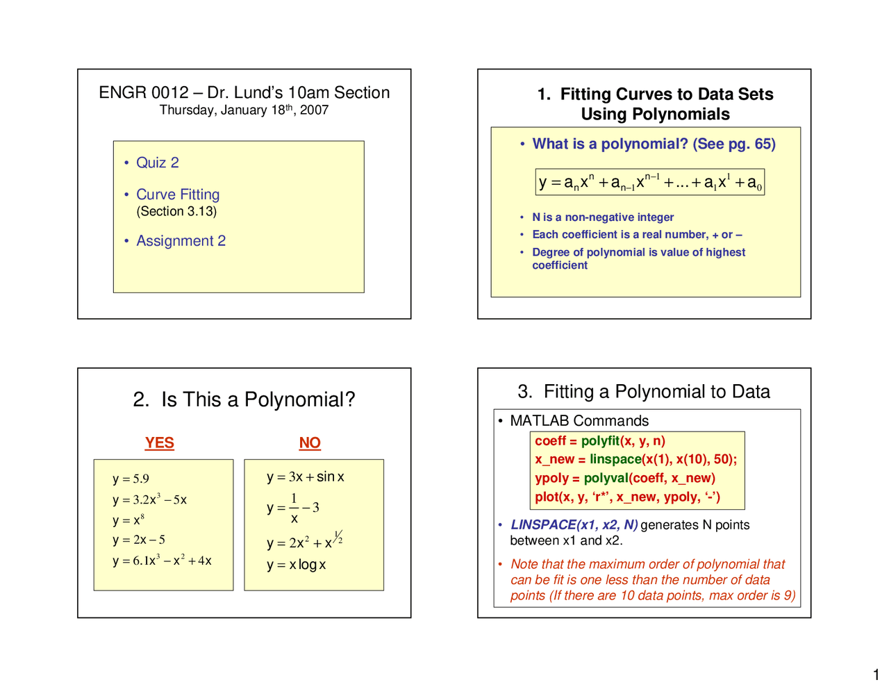 Fitting Curves to Data Sets Using Polynomials - Quiz 2 | ENGR 0012 - Docsity