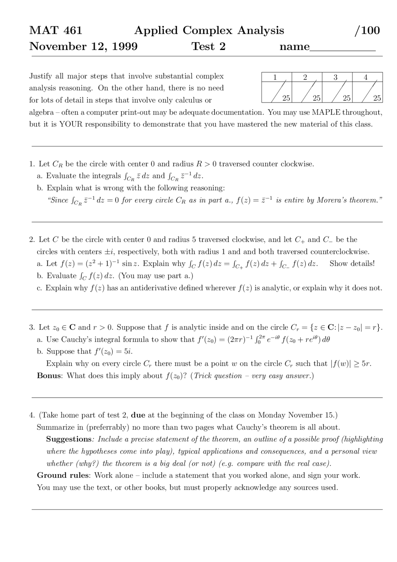 Test 2 Applied Complex Analysis Fall 1999 Mat 461 Docsity