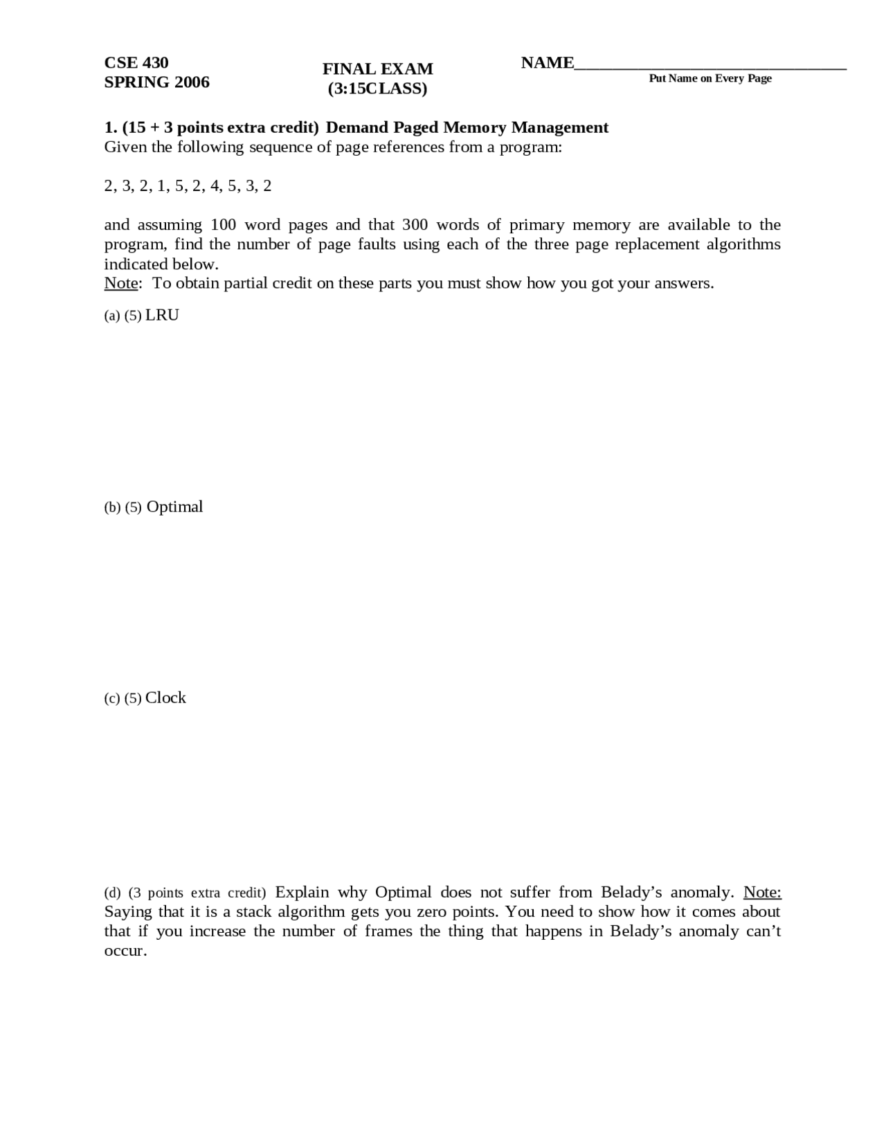 Final Exam - Operating Systems, Spring 2006 | CSE 430 - Docsity