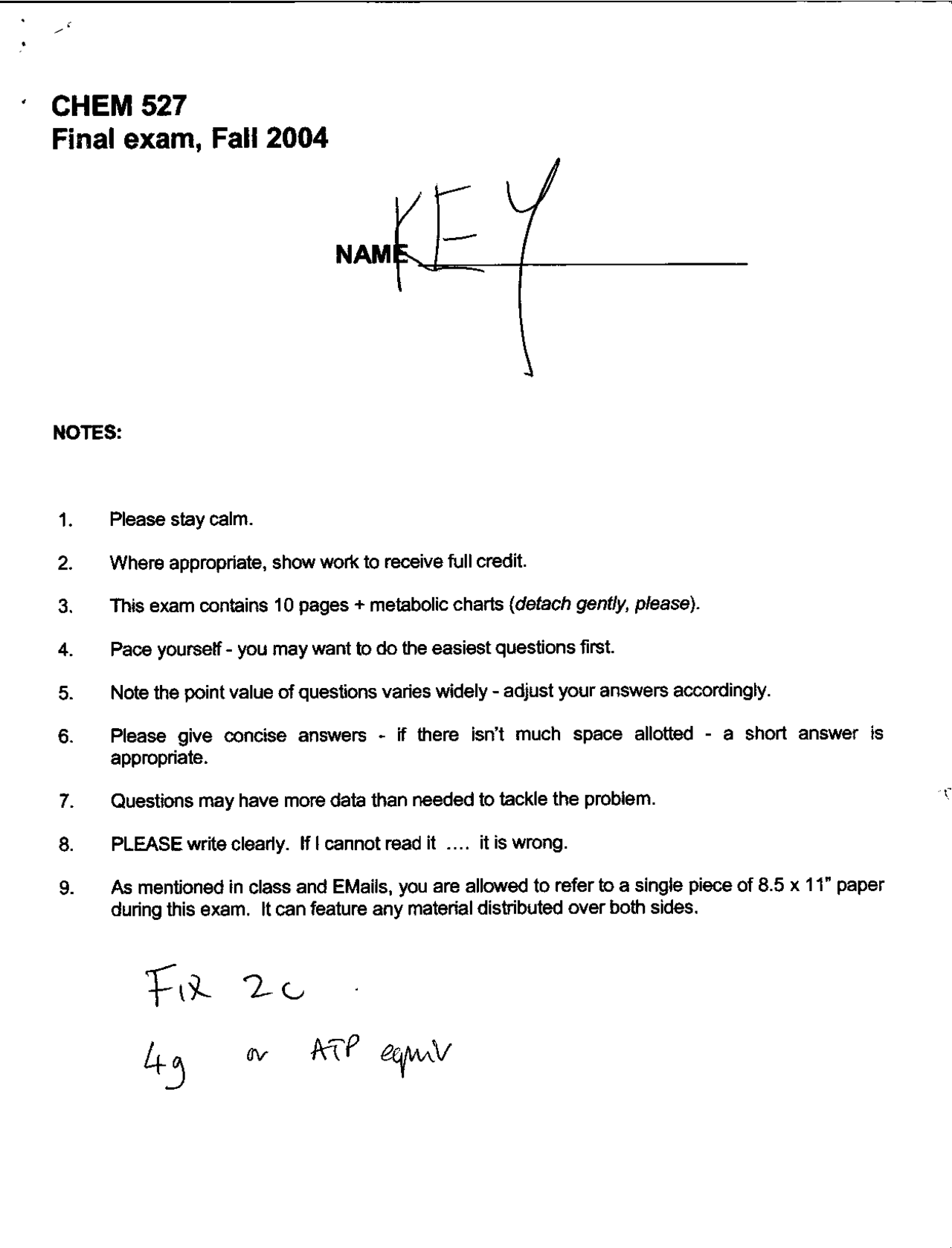 Final Exam With Answer Introductory Biochemistry Chem 527 Docsity