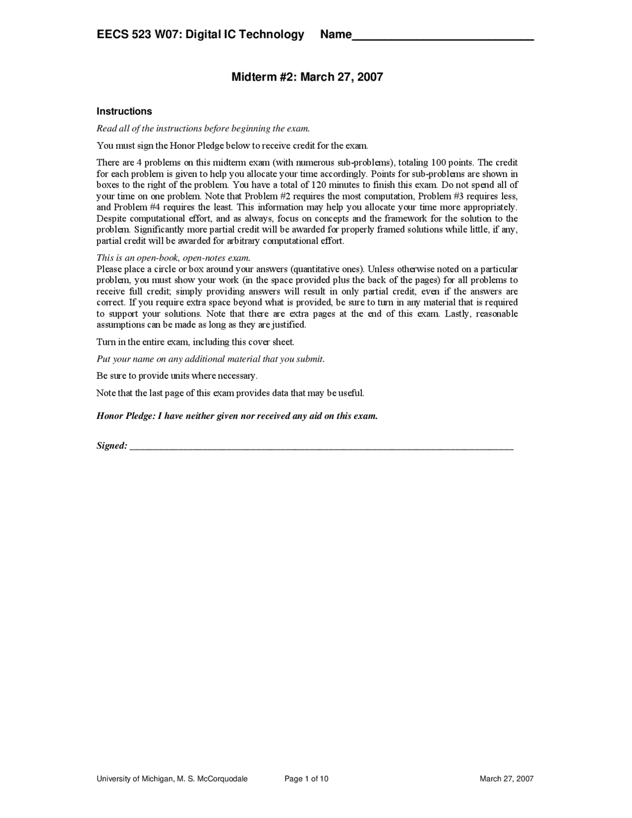 Digital Integrated Technology Midterm Questions 2007 Eecs 523 Docsity