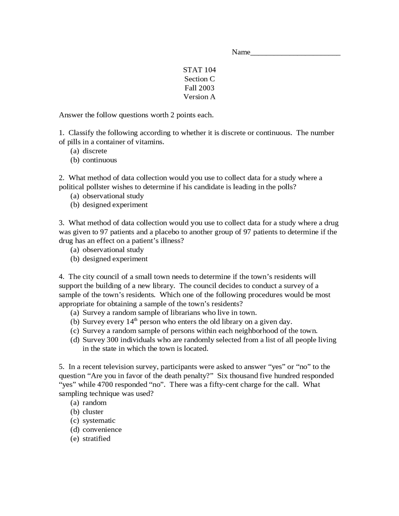 Final Exam Questions Introduction To Statistics Stat 104 Docsity